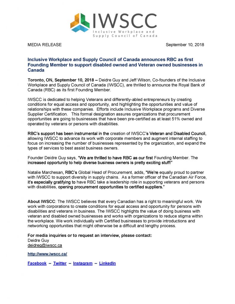 IWSCC RBC Media Release | Inclusive Workplace and Supply Council of Canada